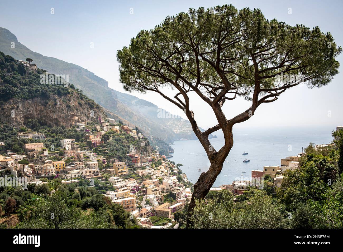 Scenic view of the seaside resort town of Positano from a mountainside ...