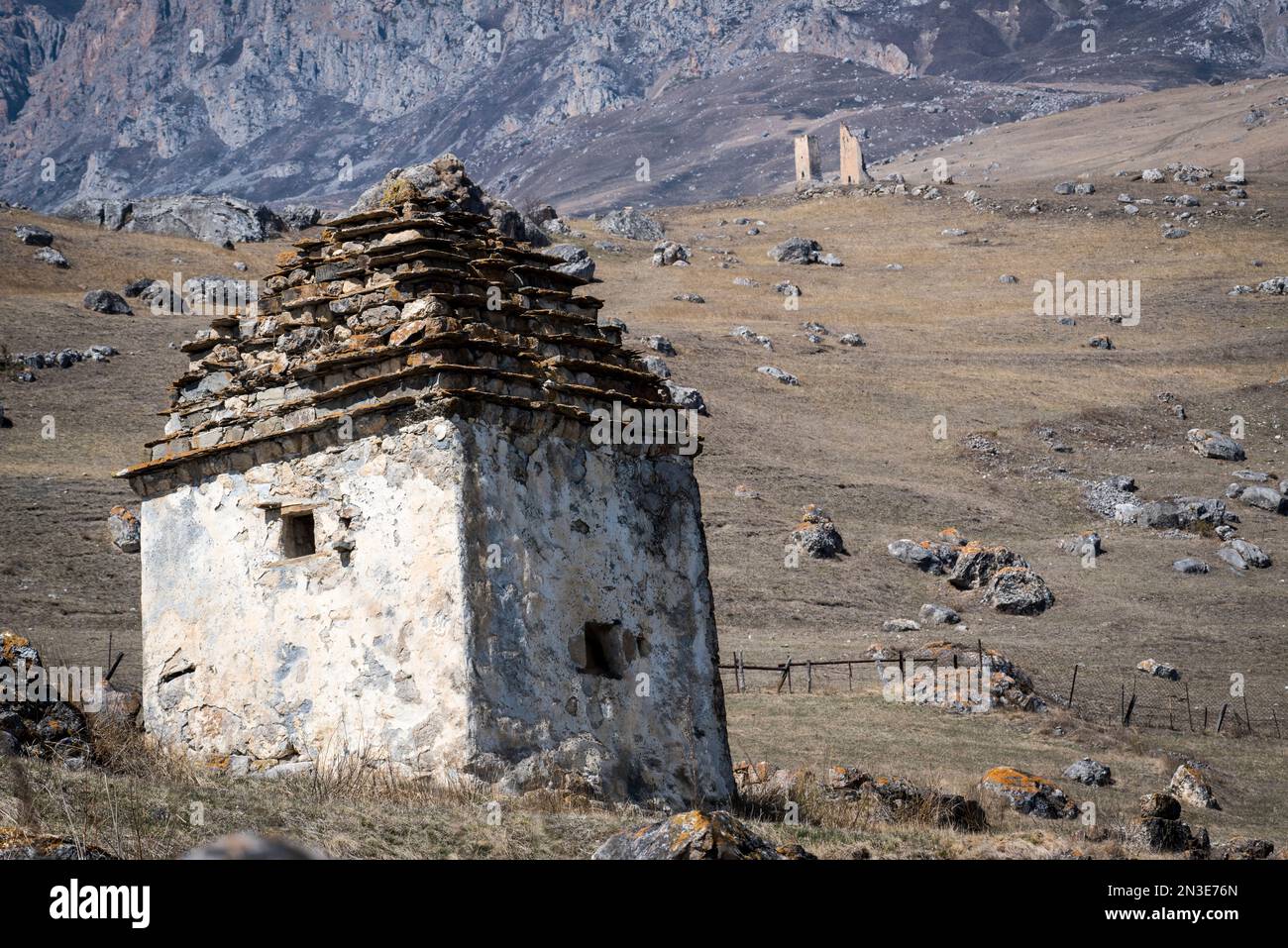 Towers of silence on the mountainside in Ingushetia; Republic of ...