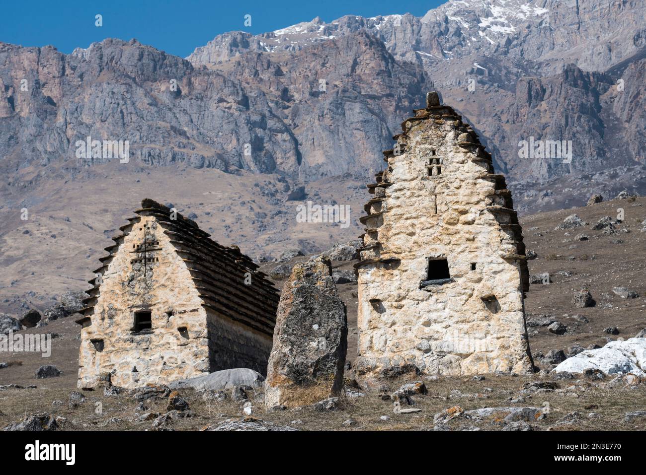 Gothic arch shaped roofs on the towers of silence on the mountainside ...