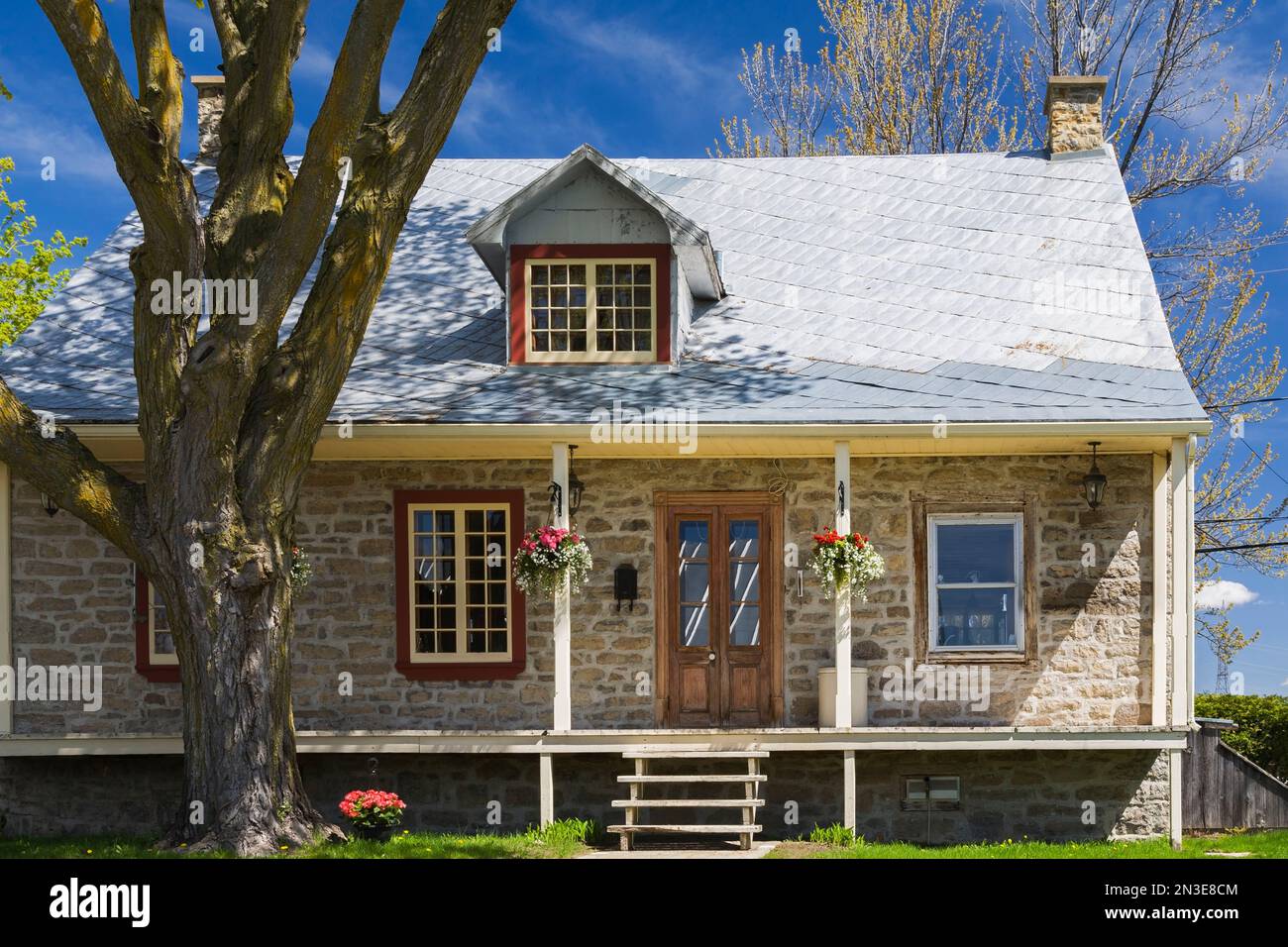 Old 1835 fieldstone house with silver sheet metal roof in spring Stock ...