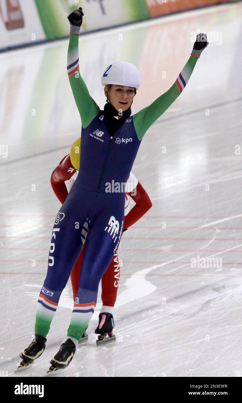 Irene Schouten from the Netherlands celebrates winning the Women's Mass ...
