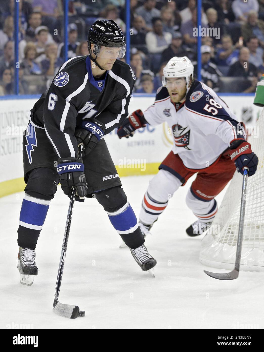 Tampa Bay Lightning defenseman Anton Stralman (6), of Sweden, carries ...