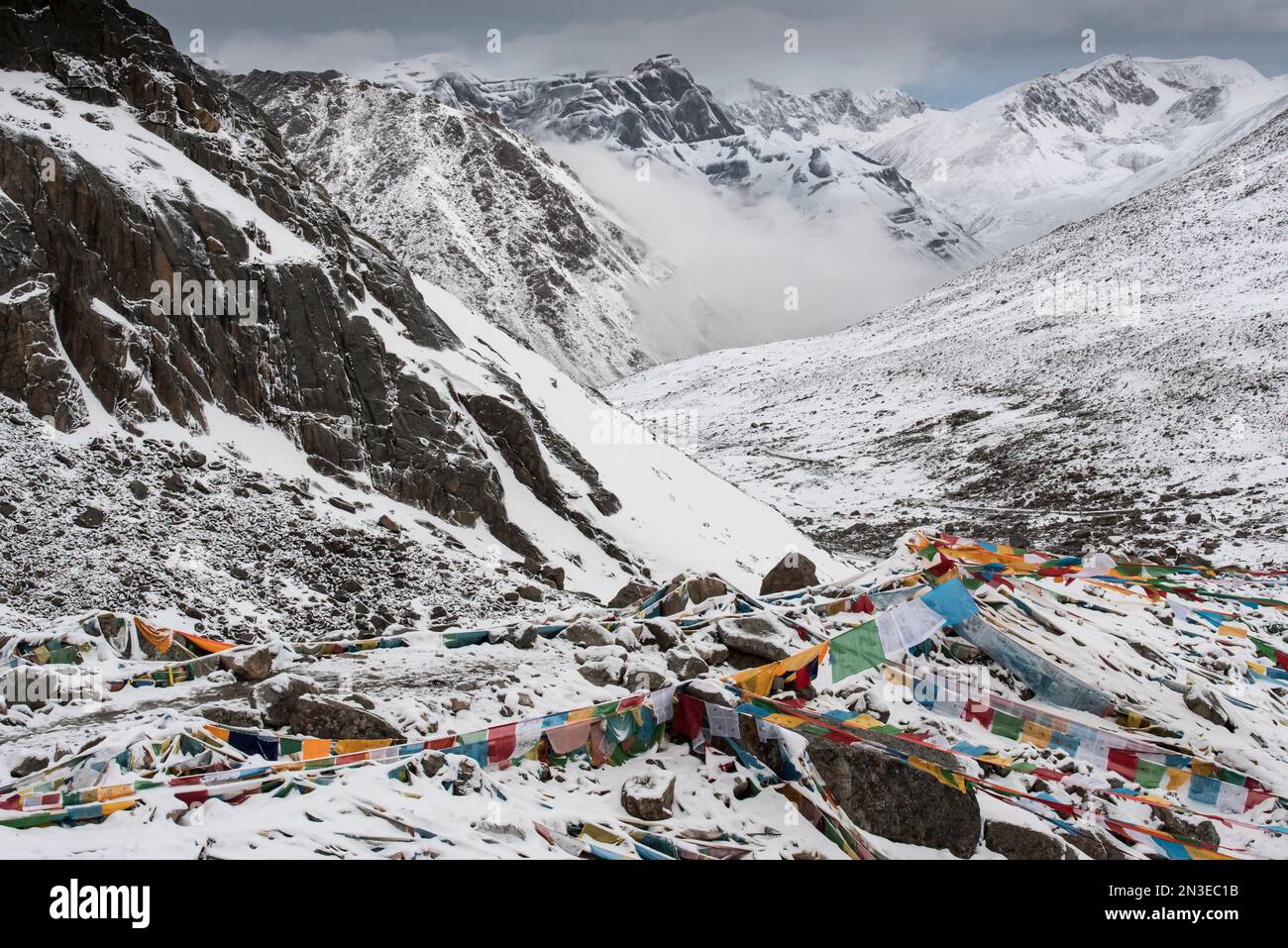 Drolma-La Pass and the snow covered mountain landscape at Mount Kailash ...
