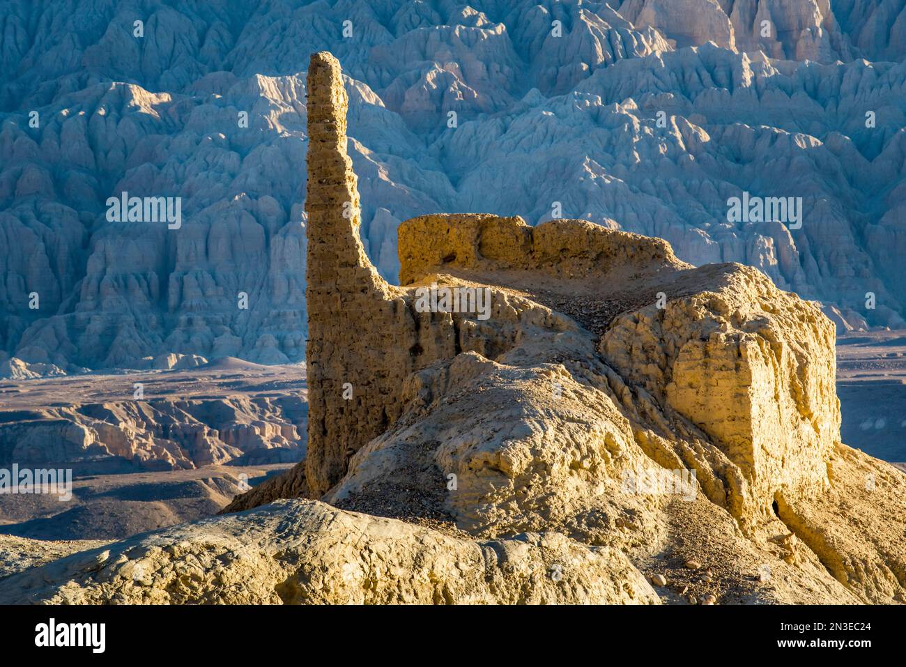 Ruins and limestone rock formations in the mountainous landscape around ...