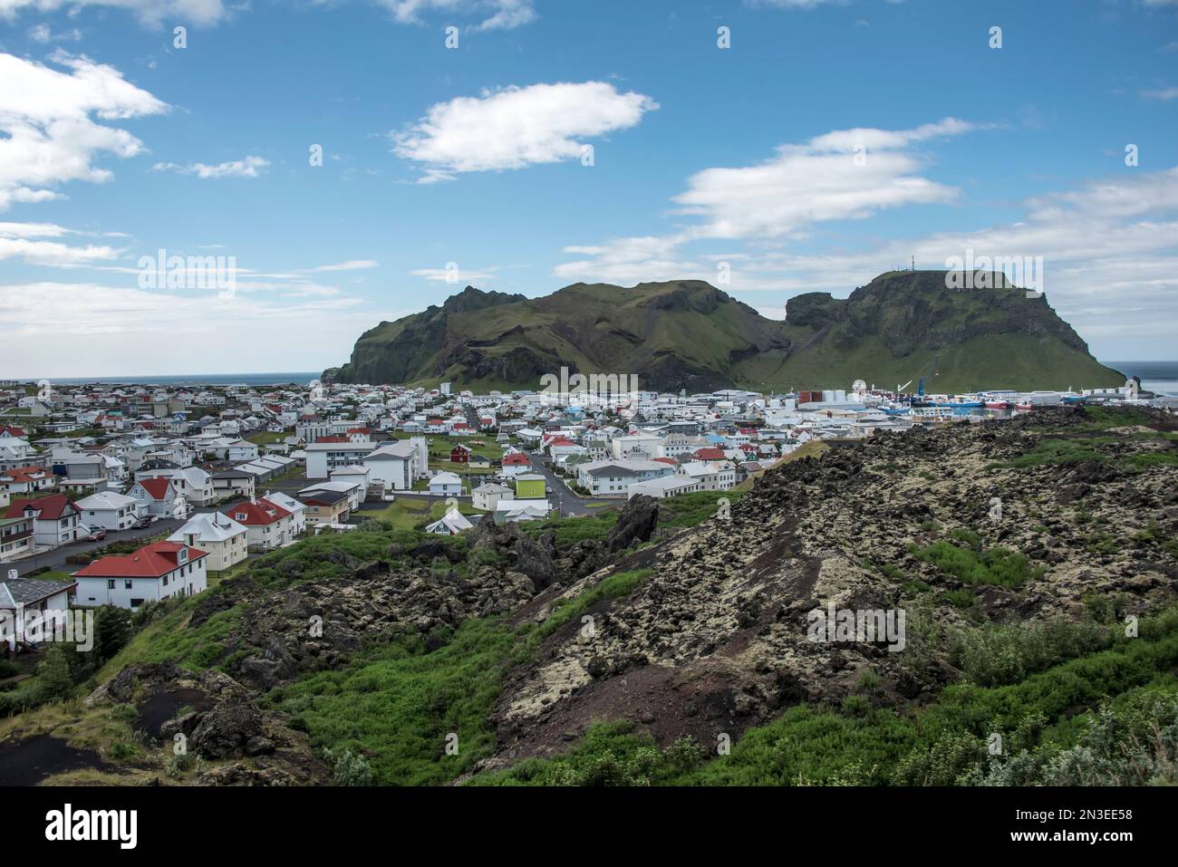 Overview of the town on Heimaey Island, part of the Westman Islands, an ...