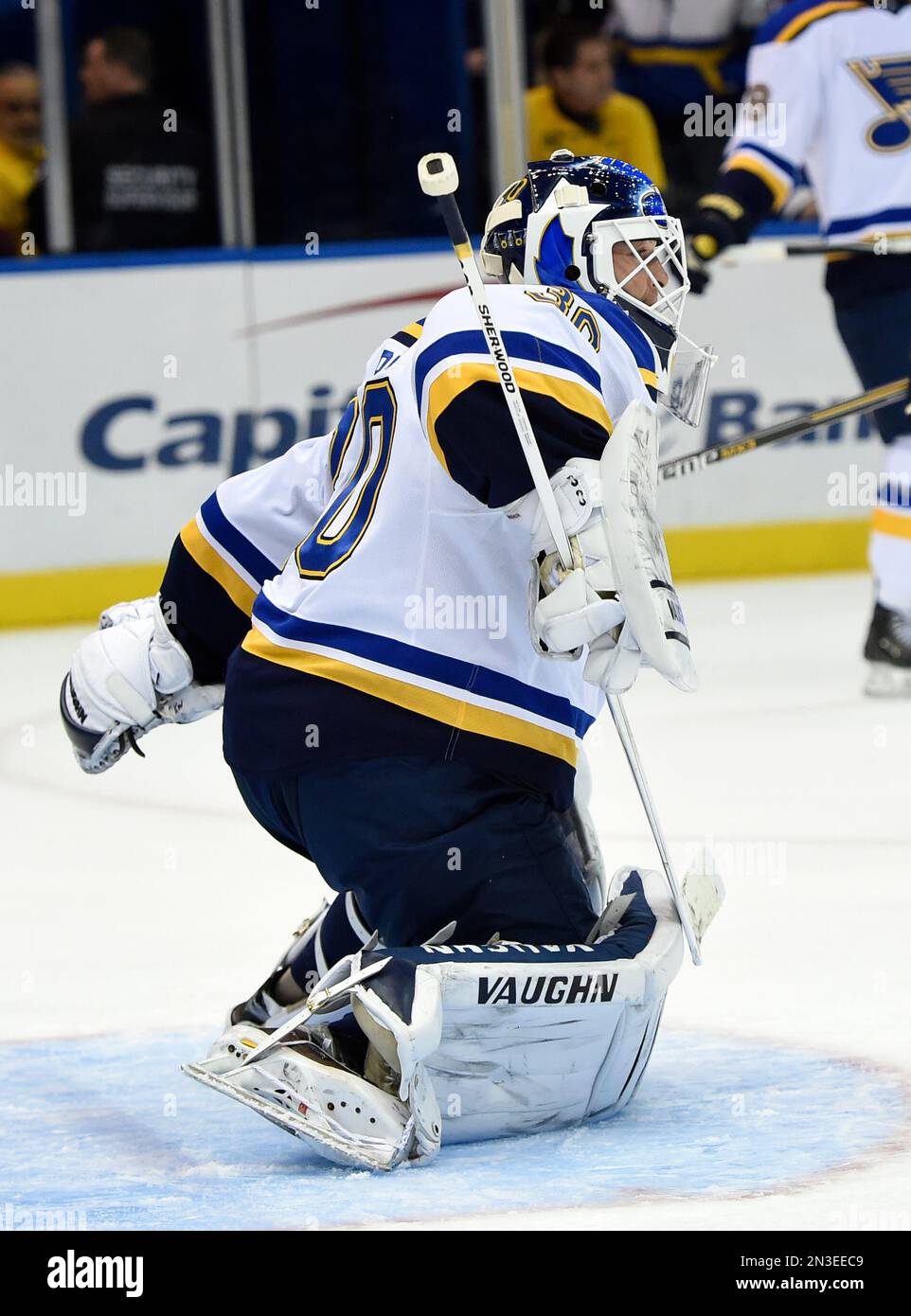 St. Louis Blues new goalie Martin Brodeur (30) blocks shots on goal ...