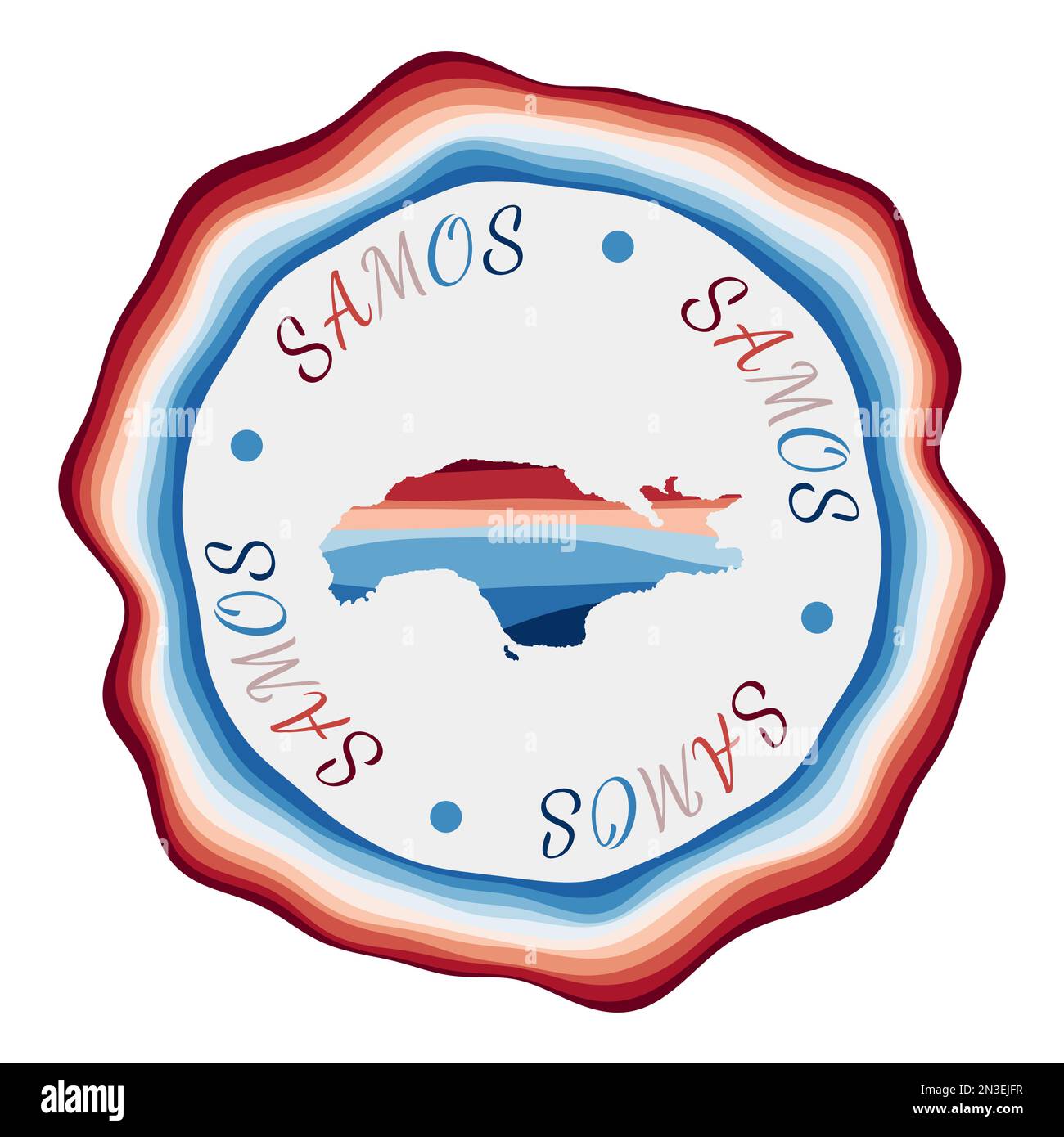 Samos Badge Map Of The Island With Beautiful Geometric Waves And Vibrant Red Blue Frame Vivid