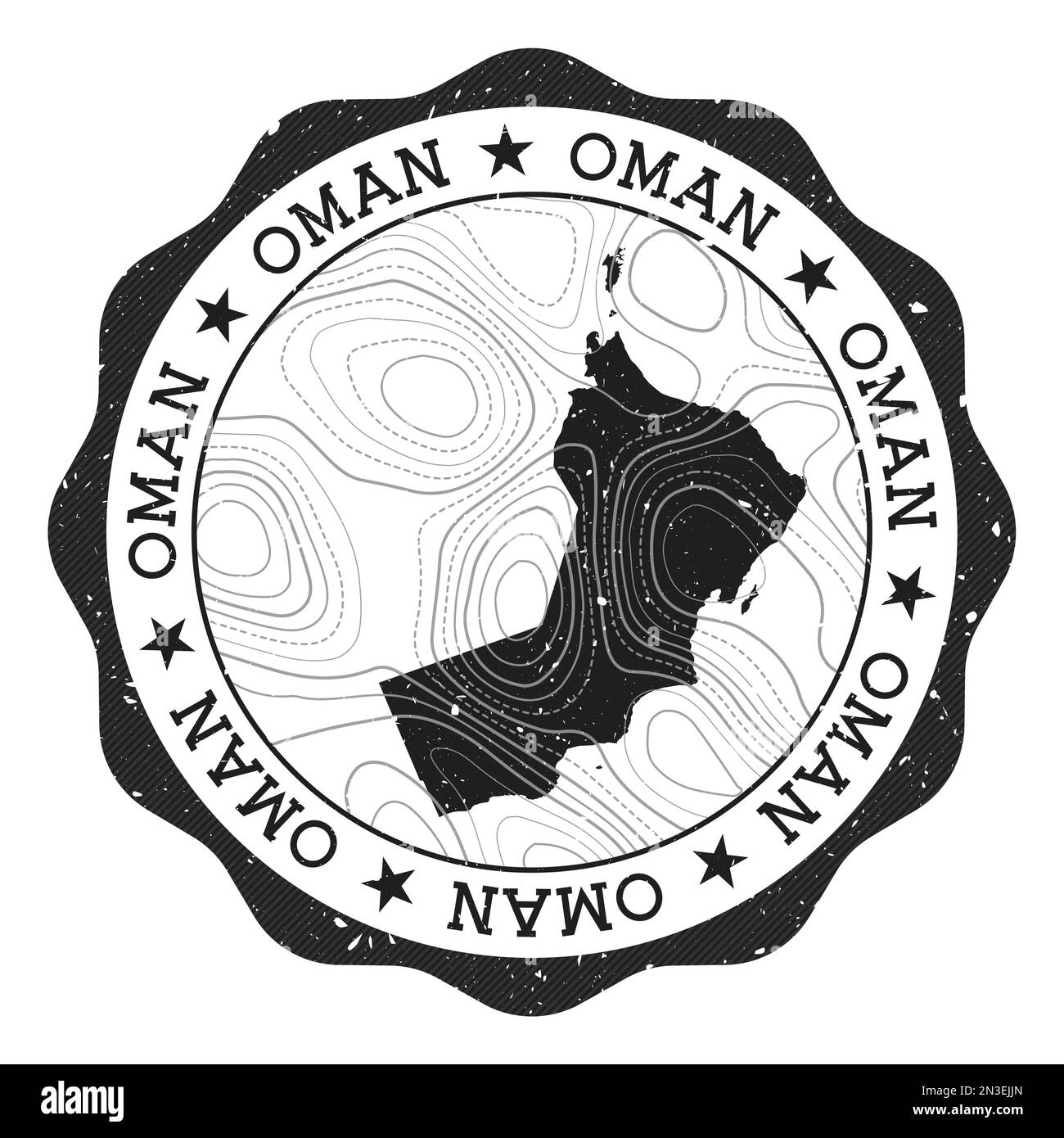 Oman outdoor stamp. Round sticker with map of country with topographic ...