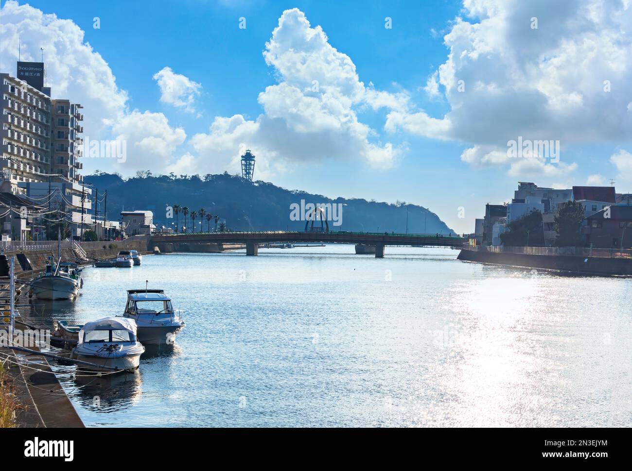 kanagawa, enoshima - december 25 2022: Boats moored on the banks of the ...