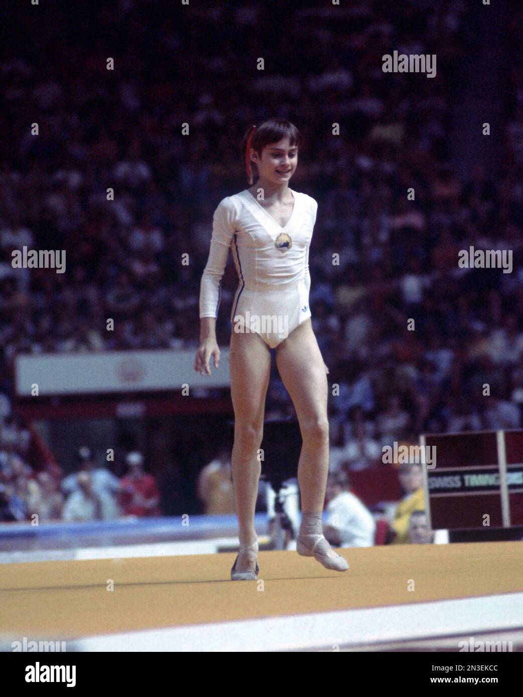 Romanian gymnast Nadia Comaneci performs floor exercises at the Summer ...