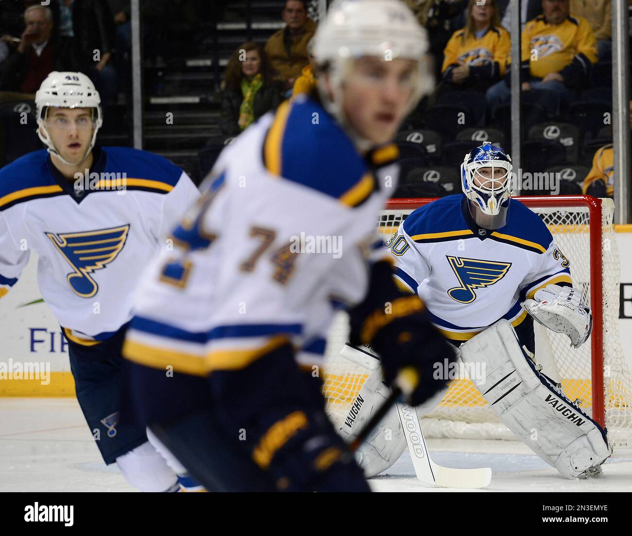 St. Louis Blues goalie Martin Brodeur (30) defends the net in the first ...