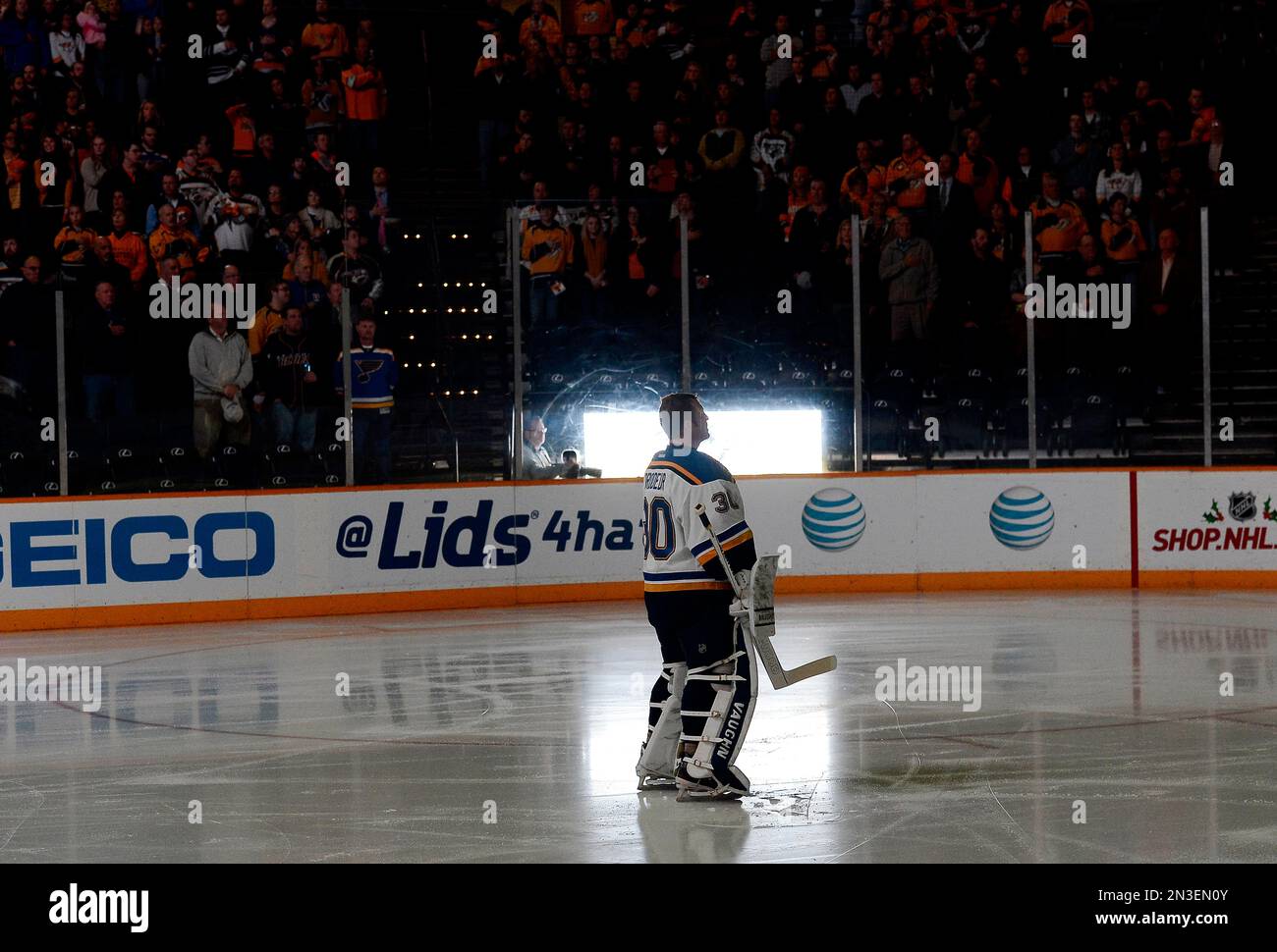 St. Louis Blues goalie Martin Brodeur (30) stands for the playing of ...