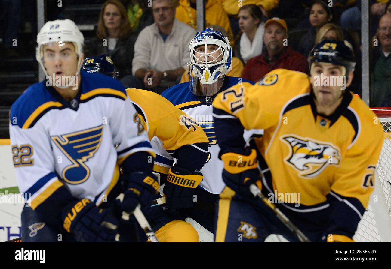 St. Louis Blues goalie Martin Brodeur (30) defends the net in the first ...