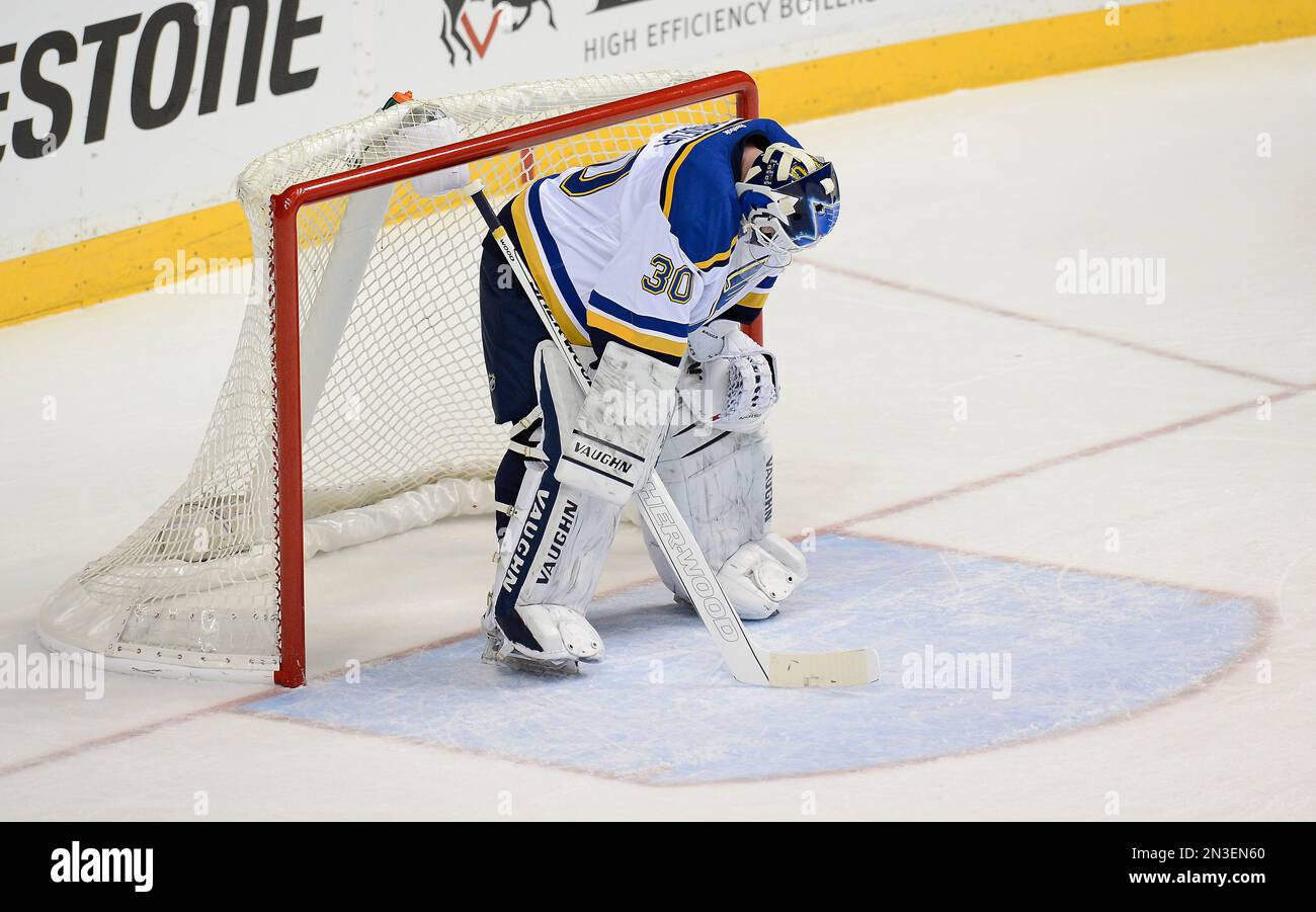 St. Louis Blues goalie Martin Brodeur (30) stands by the net during a ...
