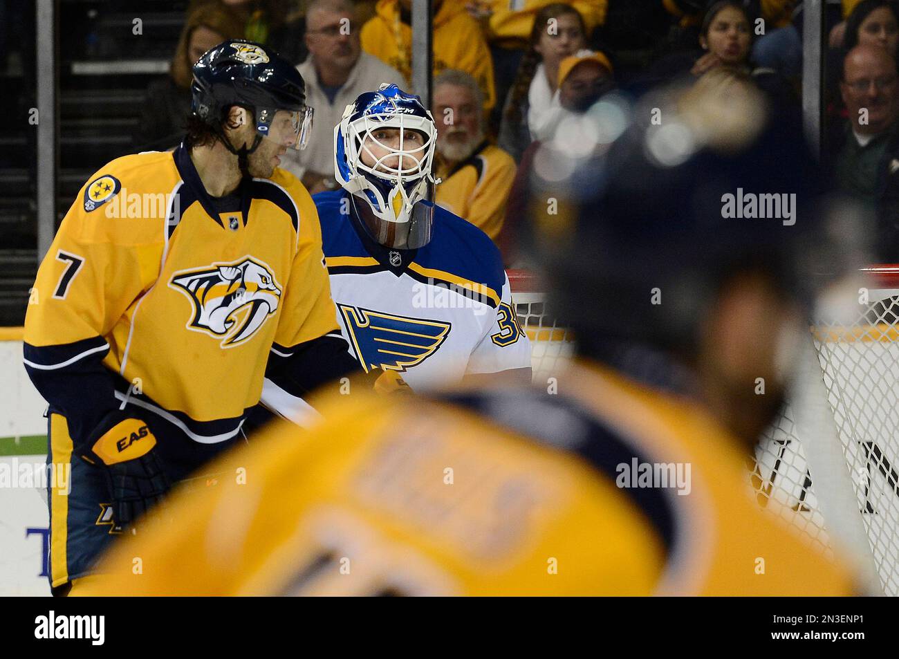 St. Louis Blues goalie Martin Brodeur (30) defends the net in the first ...