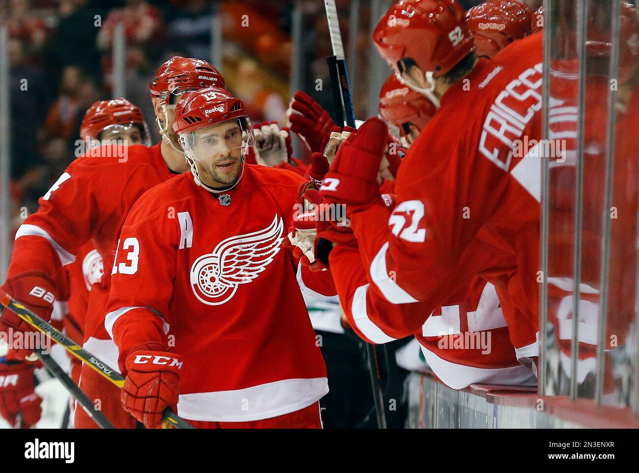Detroit Red Wings center Pavel Datsyuk (13) celebrates his goal against ...