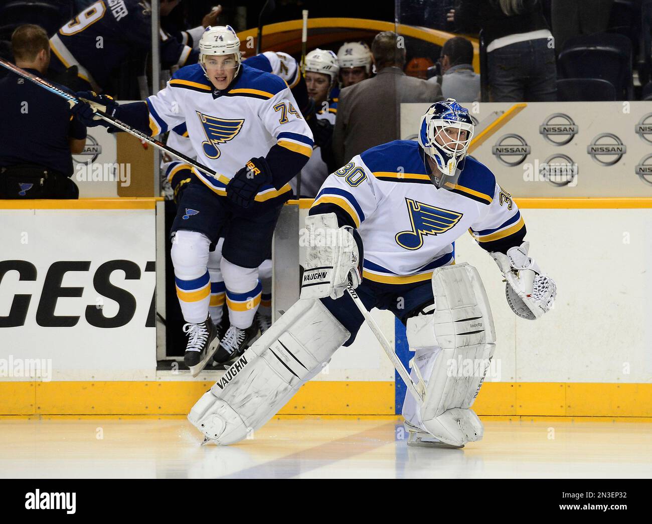 St. Louis Blues goalie Martin Brodeur (30) skates onto the ice before ...