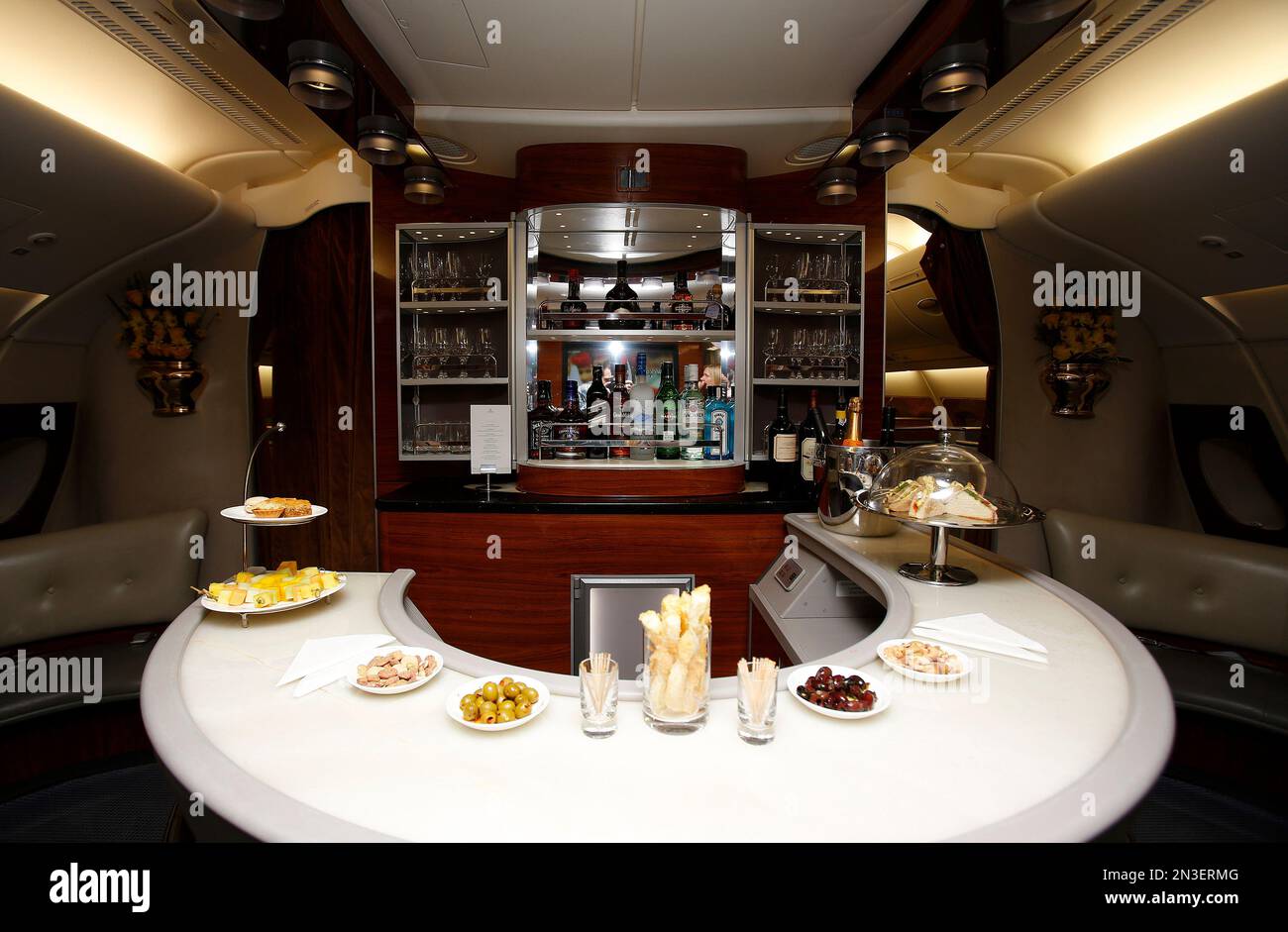A general view of the first class bar is seen on the Emirates A380 ...