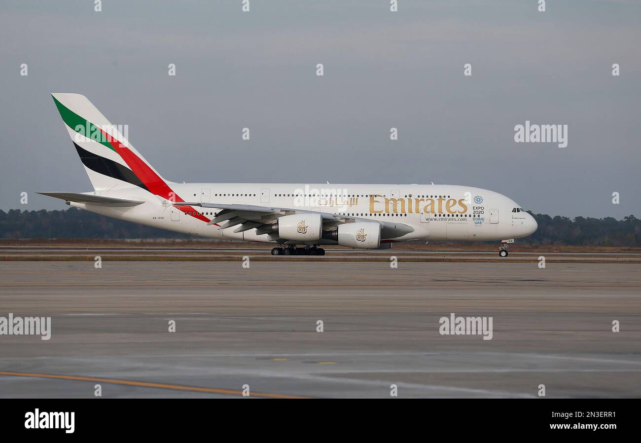 Emirates’ inaugural A380 flight is seen on approach into the gate at ...