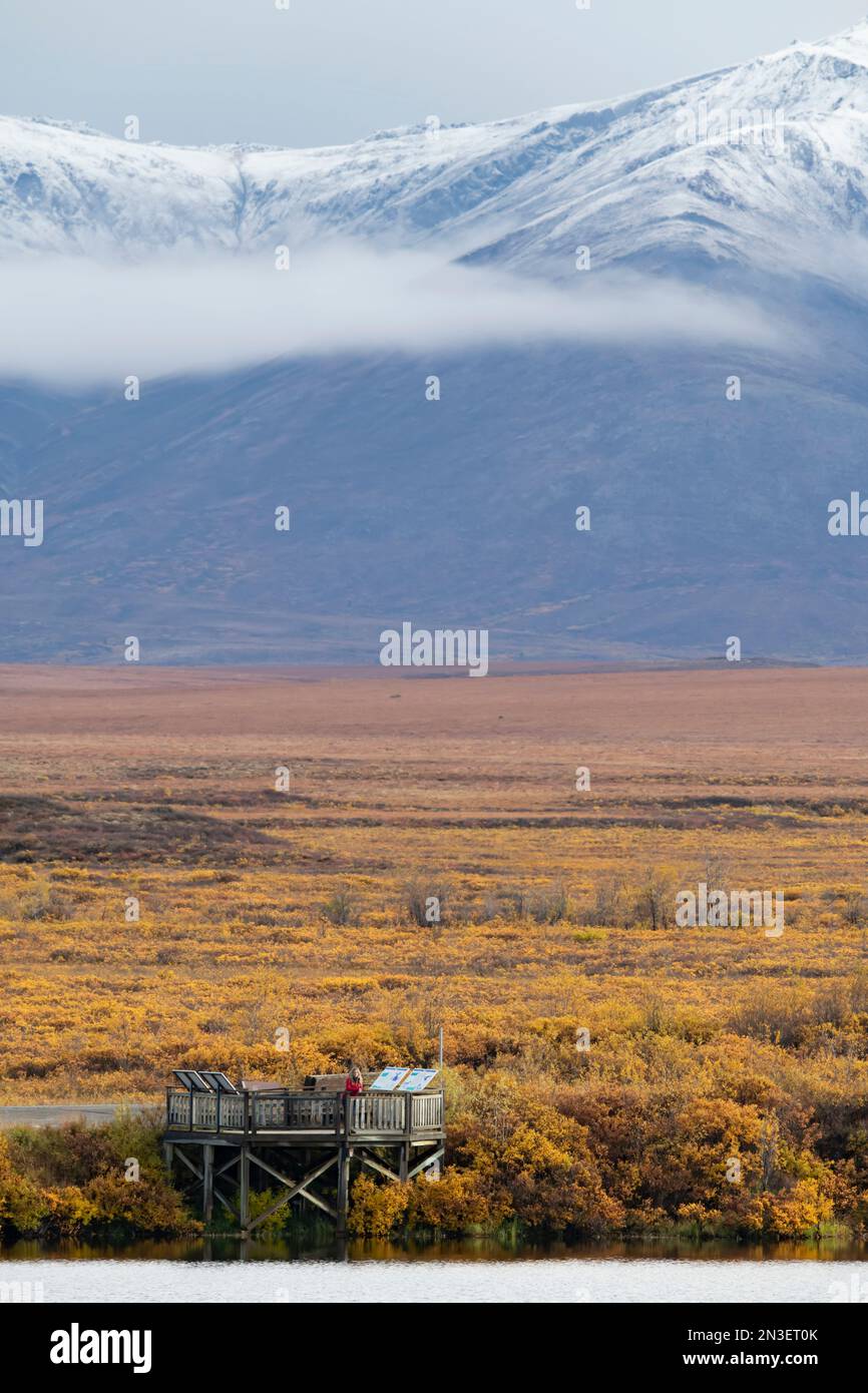 Woman standing on an observation platform overlooking Two Moose Lake ...