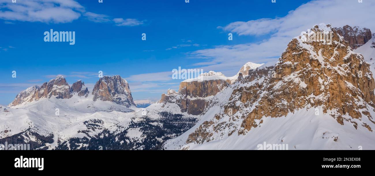 Overview of the snow covered mountain peaks of the Sella Group in Val ...