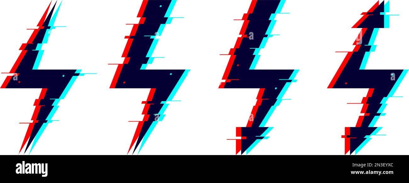 Glitch distorted lightnings set. Thunderbolts with TV or vhs noise. Futuristic destroyed flash ...