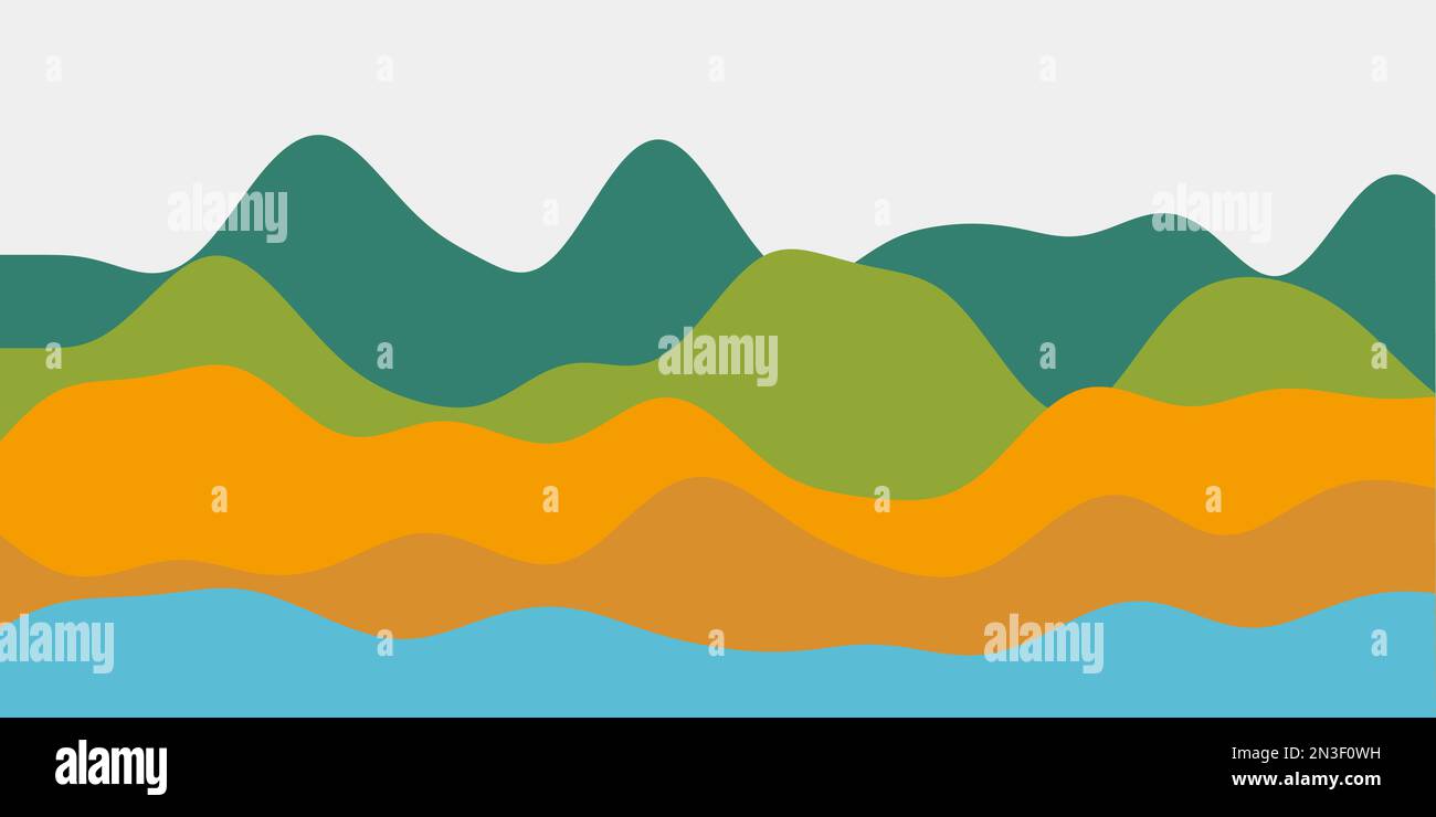Abstract contrast blue orange green hills background. Colorful waves ...