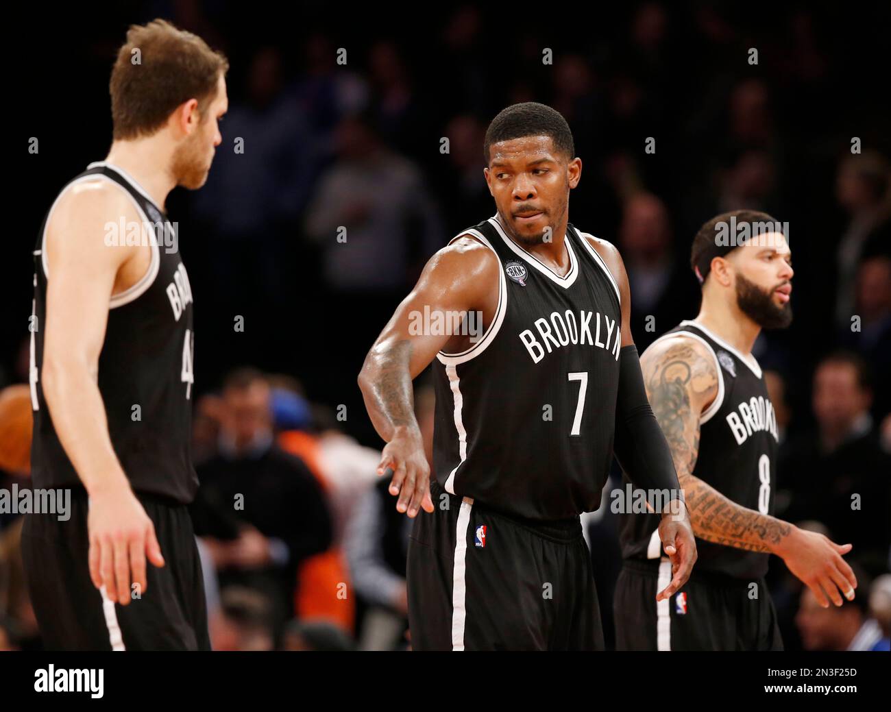 Brooklyn Nets guard Bojan Bogdanovic, left, congratulates Nets forward ...