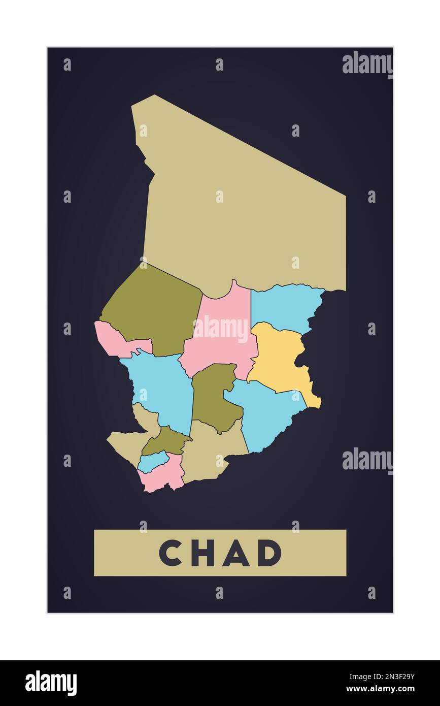 Chad map. Country poster with regions. Shape of Chad with country name ...