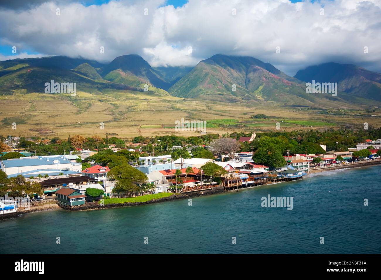 Aerial of the famous Front Street in Lahaina, known for it's oceanfront ...