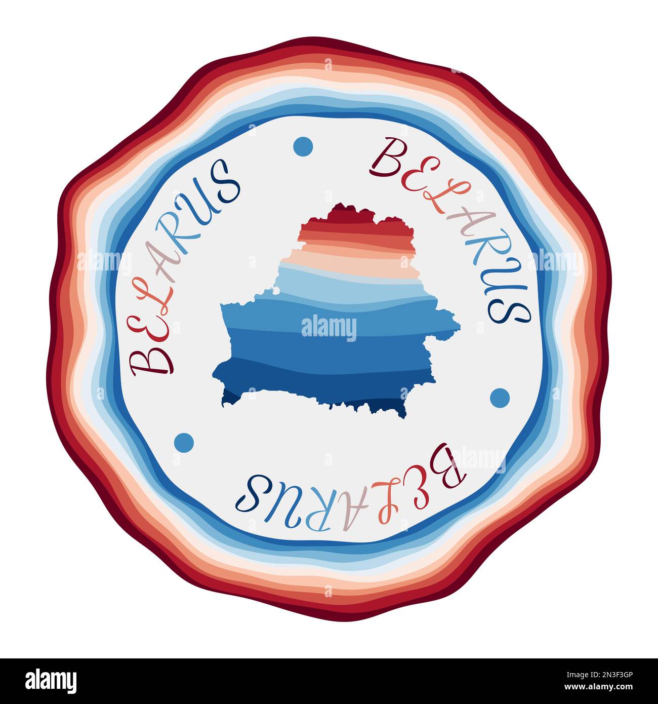 Belarus badge. Map of the country with beautiful geometric waves and vibrant red blue frame ...