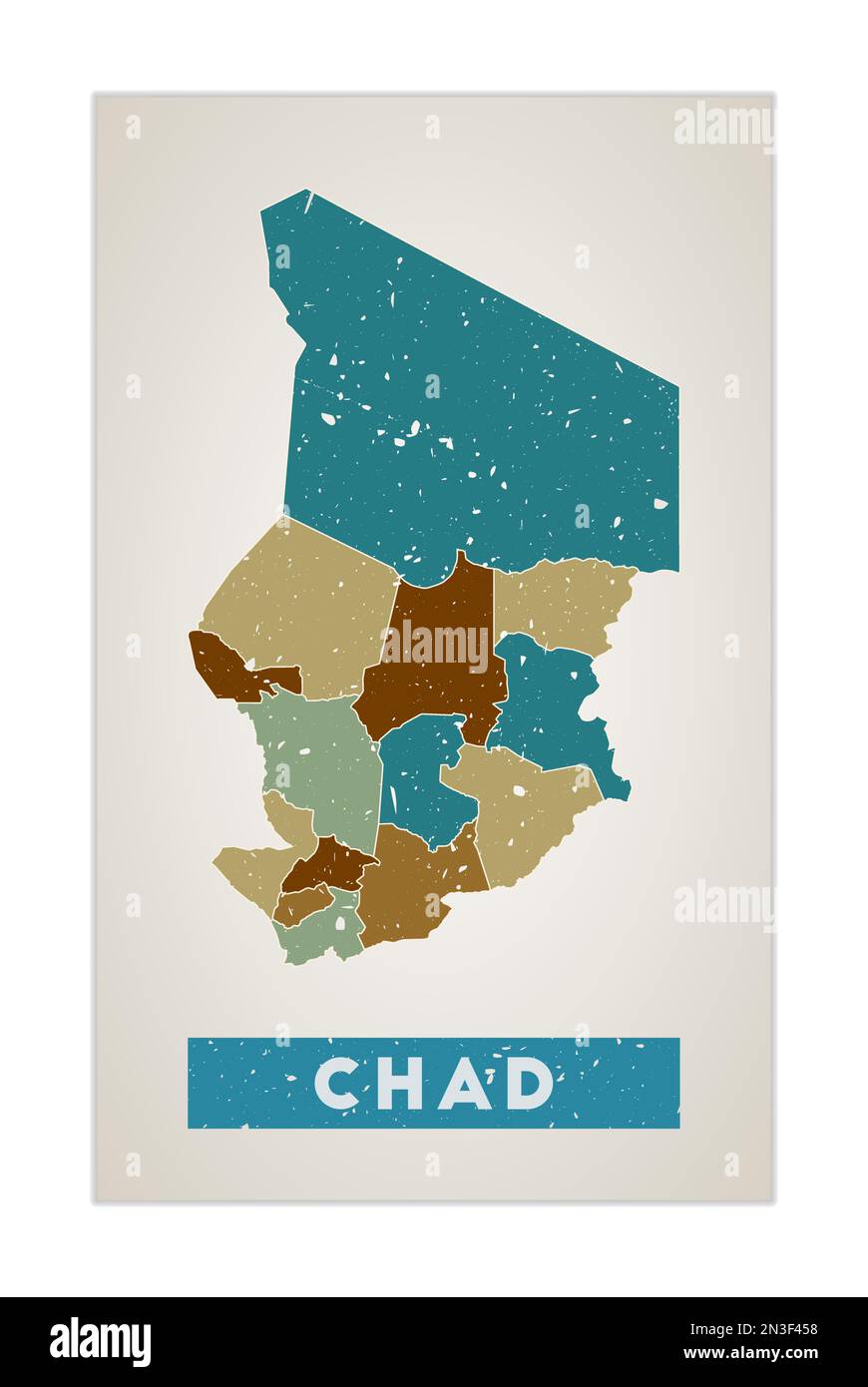 Chad map. Country poster with regions. Old grunge texture. Shape of ...