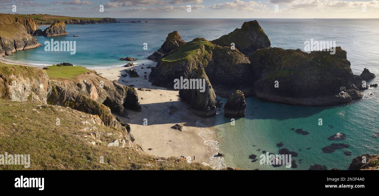 Overlook of rock formations and Atlantic Ocean at Kynance Cove near the ...