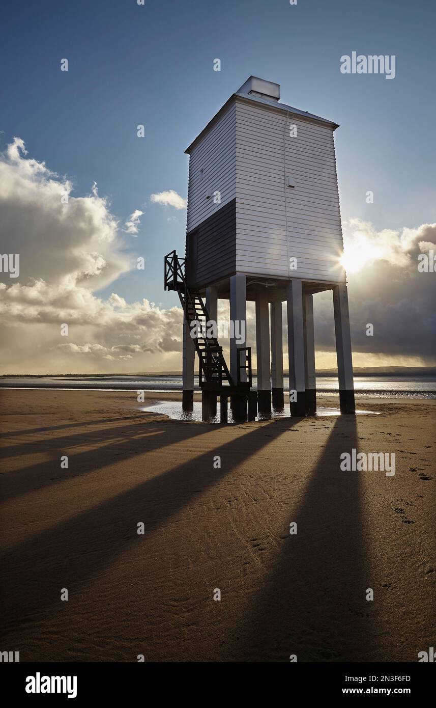 An old wooden lighthouse on the beach at Burnham-on-Sea; Somerset ...