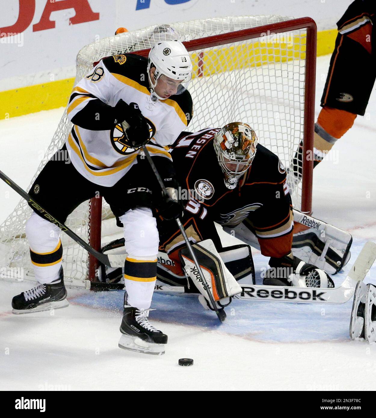 Anaheim Ducks goalie Frederik Andersen blocks a shot by Boston Bruins ...