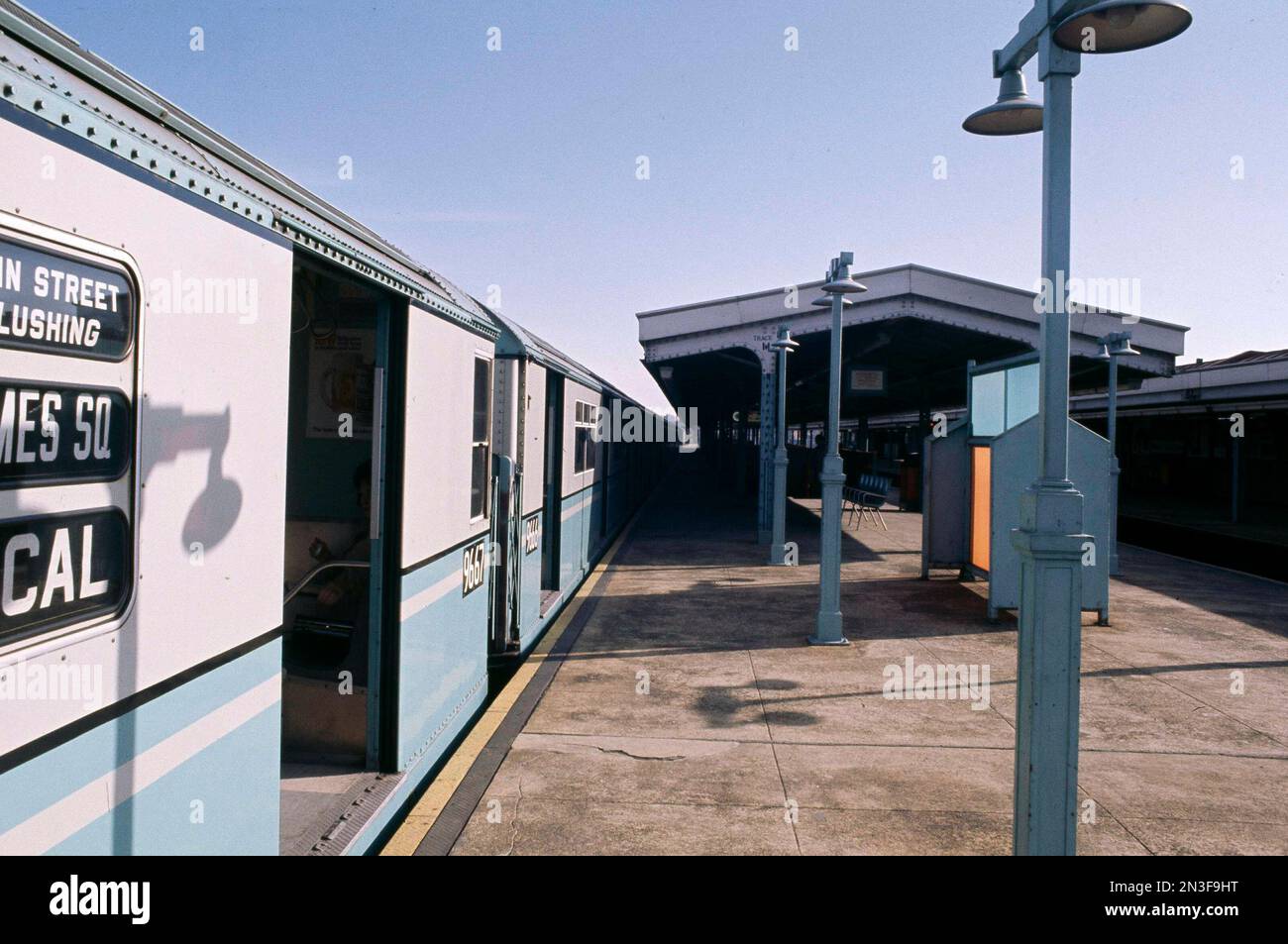 A number 7 train sits on an elevated platform in the Queens borough of ...