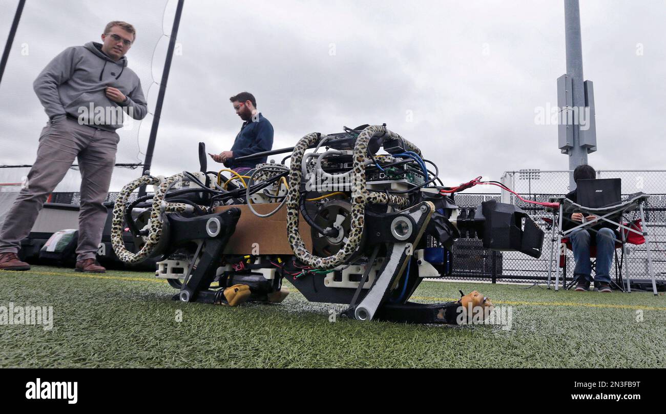 In this Oct. 24, 2014 photo, researchers stand beside a robotic cheetah ...