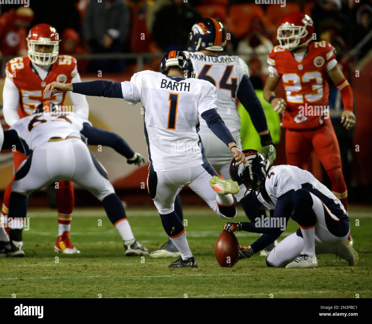 Denver Broncos kicker Connor Barth (1) kicks a field goal in the second ...