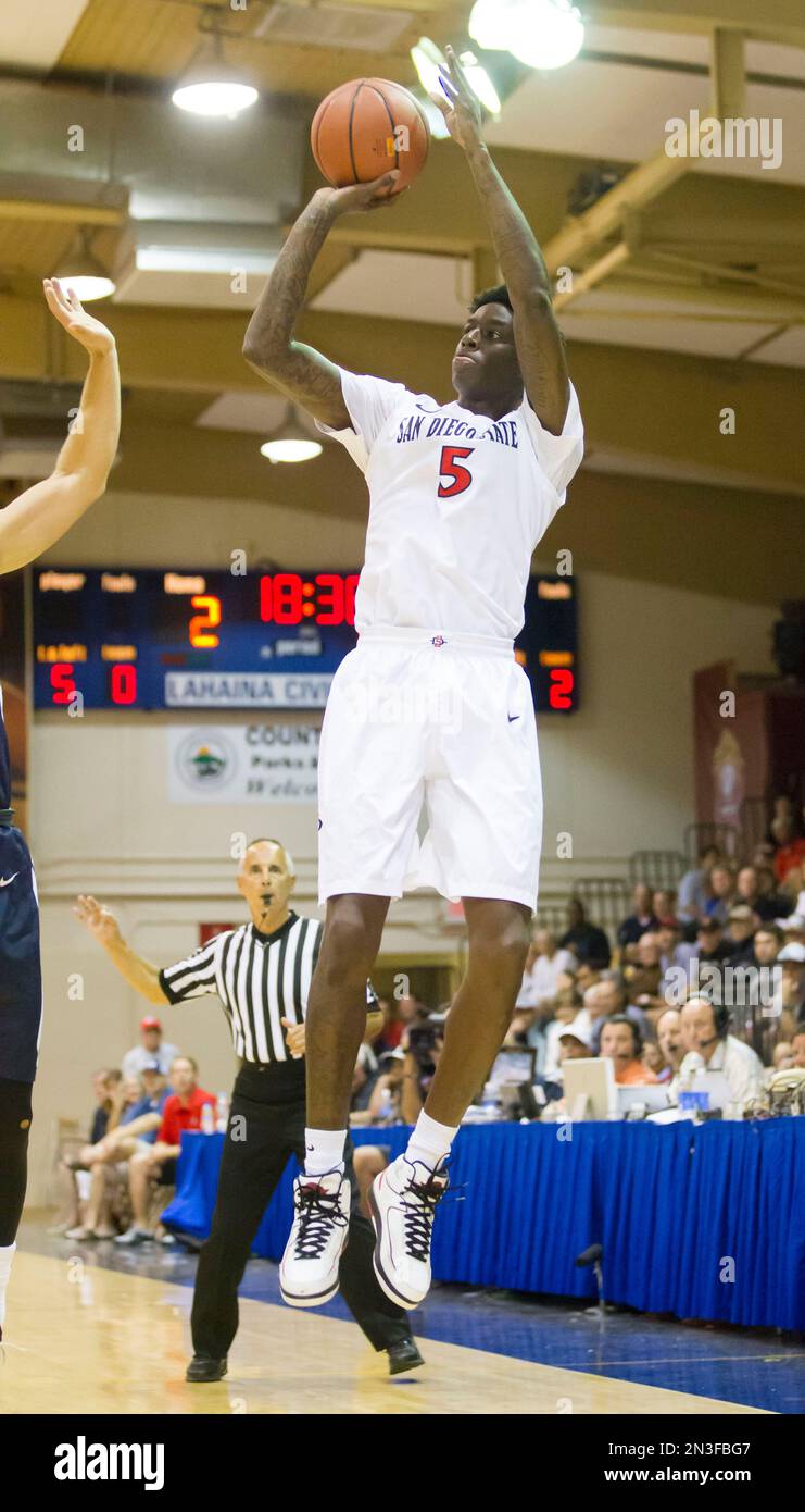 San Diego State forward Dwayne Polee II (5) takes a jump shot in the ...