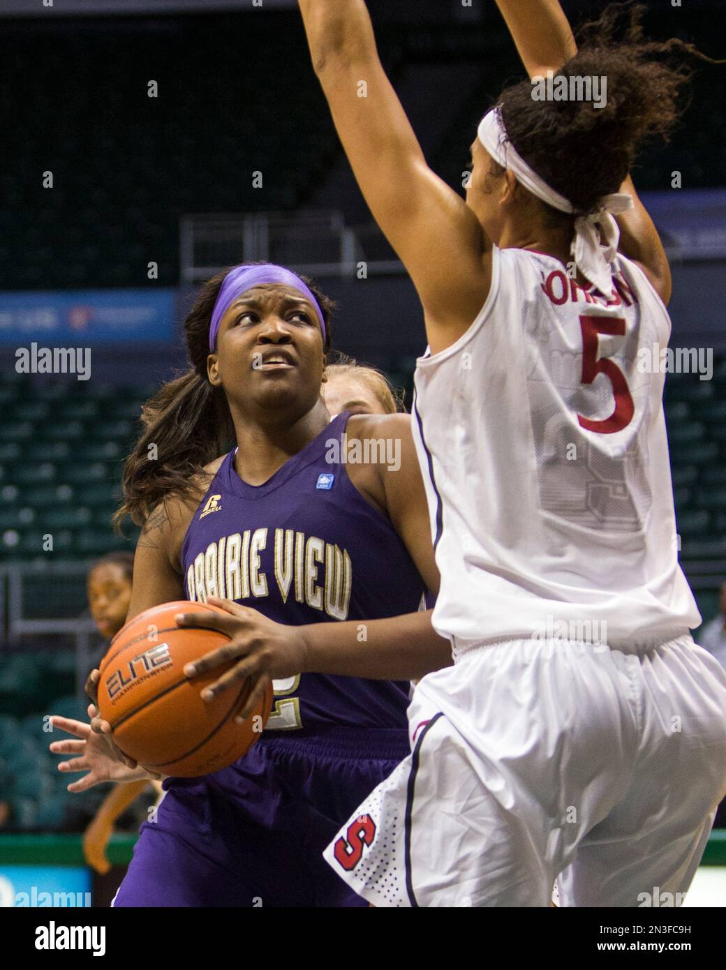 Prairie View A&M center Shamiya Brooks (2) tries to get past Stanford forward Kaylee Johnson (5 ...