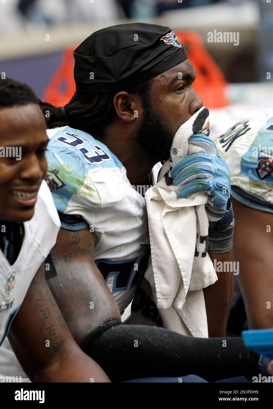 Tennessee Titans linebacker Quentin Groves (53) sits on the bench with ...