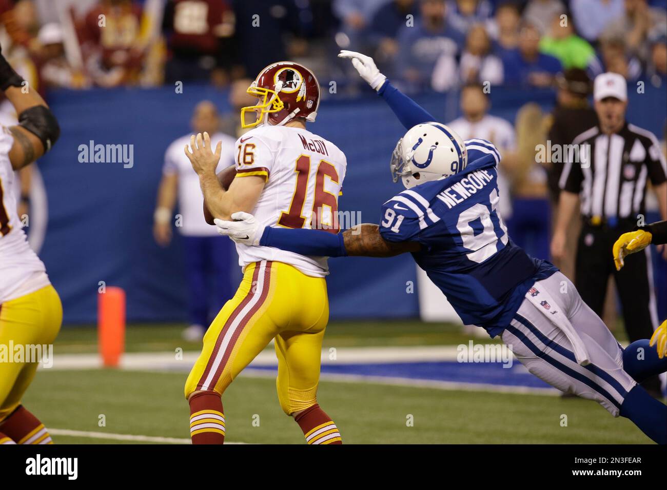 Indianapolis Colts linebacker Jonathan Newsome, right, sacks Washington ...