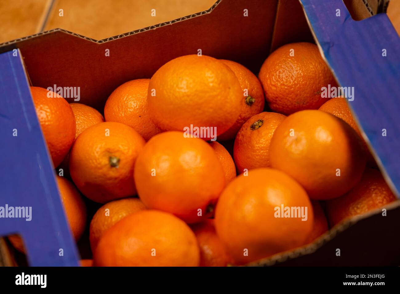 Oranges in a cardboard box. Lots of orange storage, sale concept Stock ...