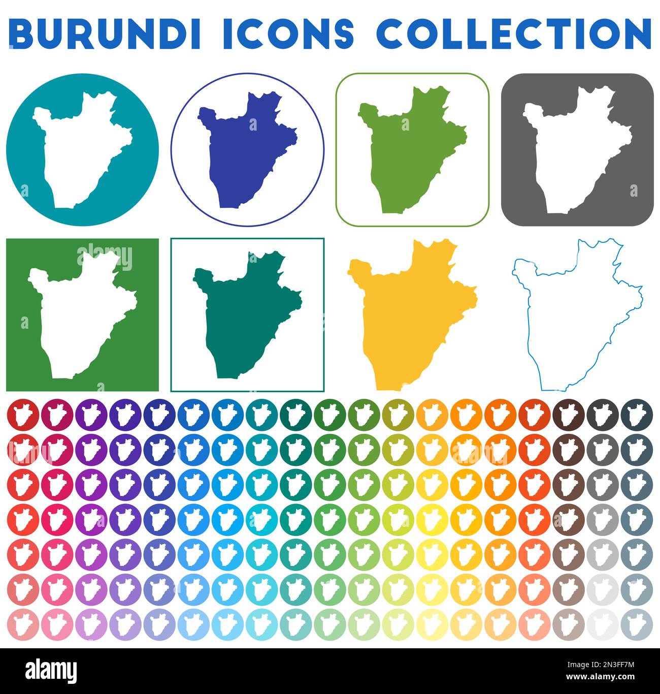 Burundi icons collection. Bright colorful trendy map icons. Modern Burundi badge with country ...