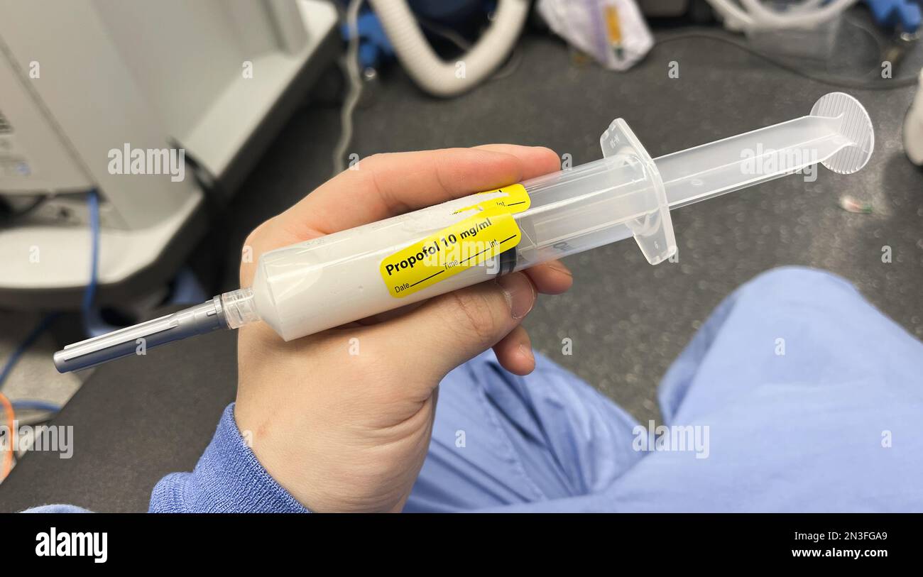 Propofol Hospital Medications in syringe and line Stock Photo - Alamy