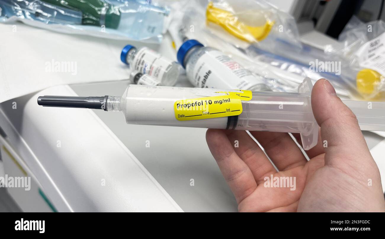Propofol Hospital Medications in syringe and line Stock Photo - Alamy