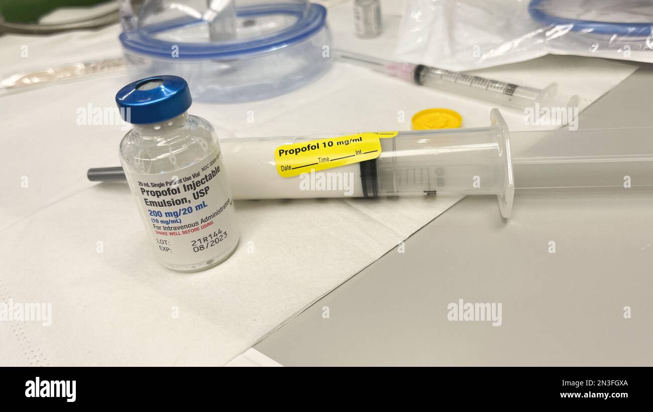 Propofol Hospital Medications in syringe and line Stock Photo - Alamy