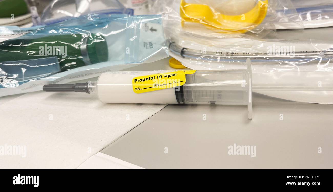 Propofol Hospital Medications in syringe and line Stock Photo - Alamy