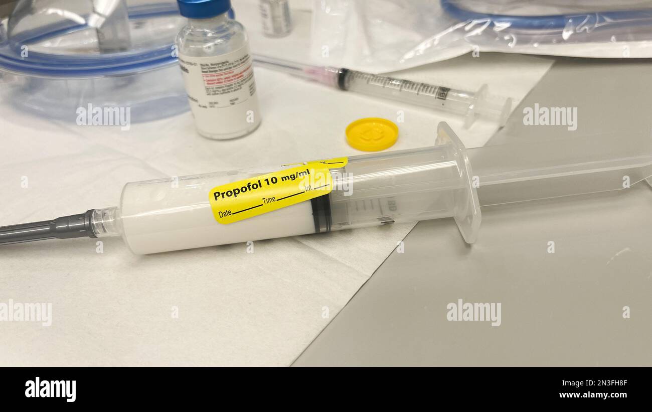 Propofol Hospital Medications in syringe and line Stock Photo - Alamy