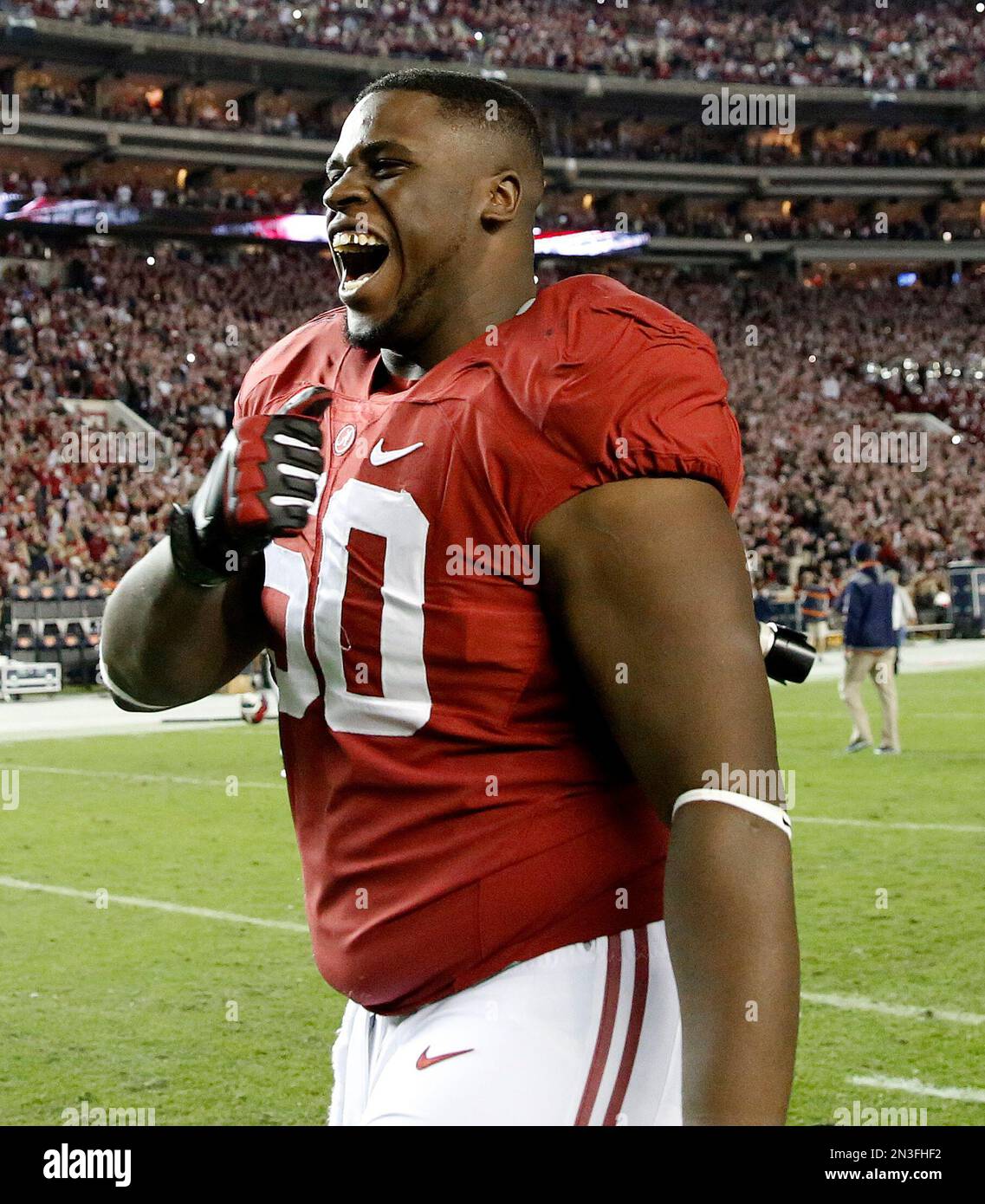 Alabama offensive lineman Alphonse Taylor (50) cheers after the Iron ...